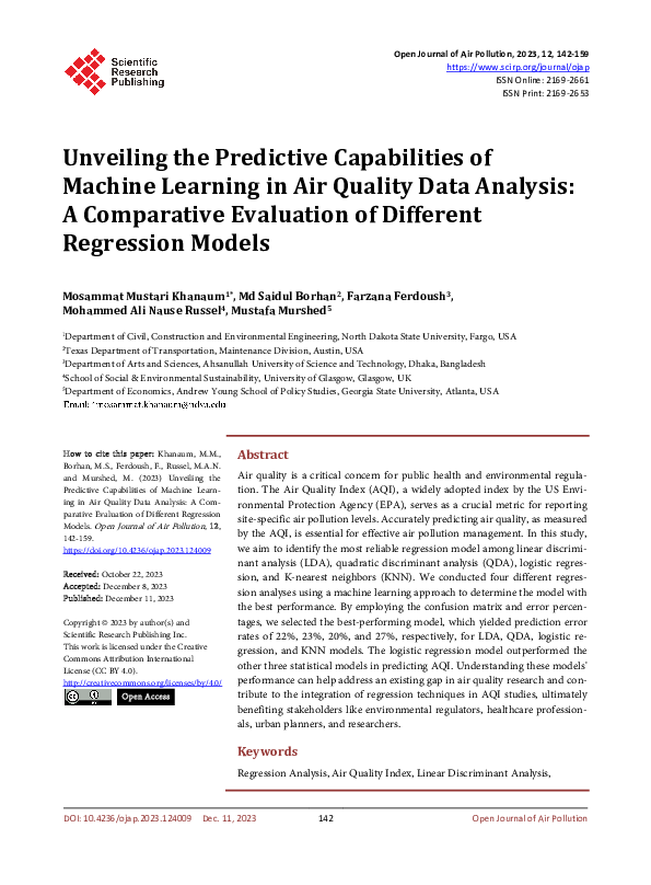 (PDF) Unveiling the Predictive Capabilities of Machine Learning in Air Quality Data Analysis: A ...