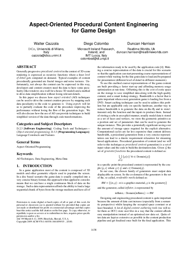 (PDF) Aspect-oriented procedural content engineering for game design