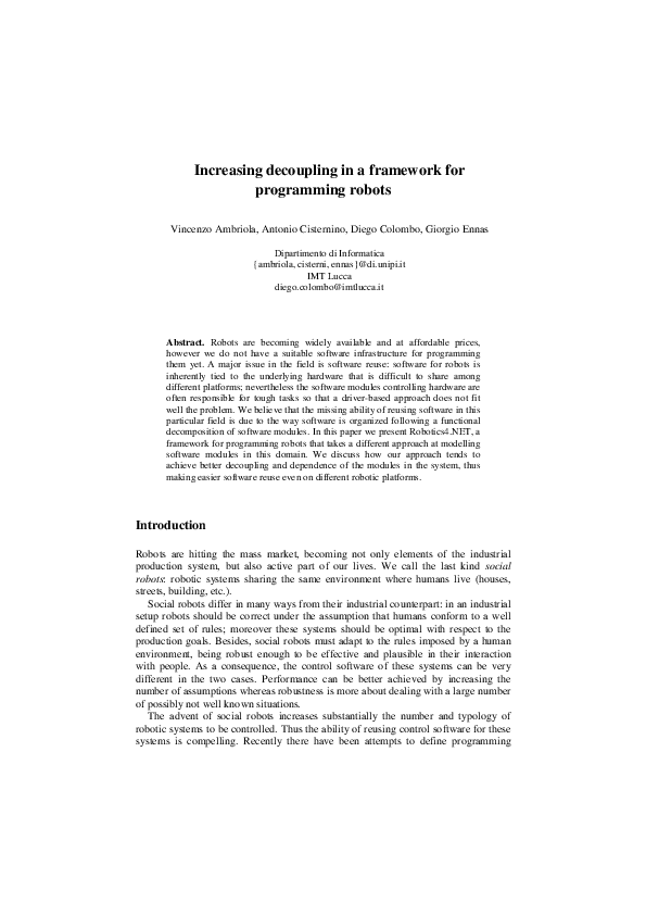 (PDF) Increasing decoupling in a framework for programming robots