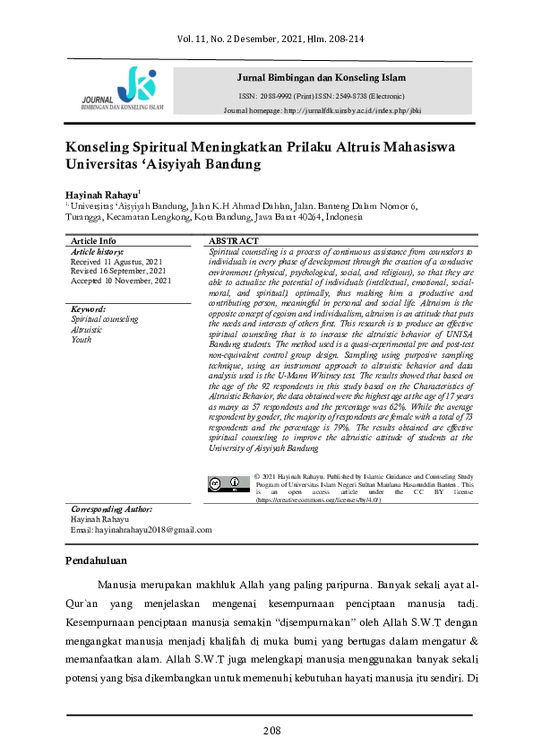 (PDF) Konseling Spiritual Meningkatkan Prilaku Altruis Mahasiswa Universitas ‘Aisyiyah Bandung ...