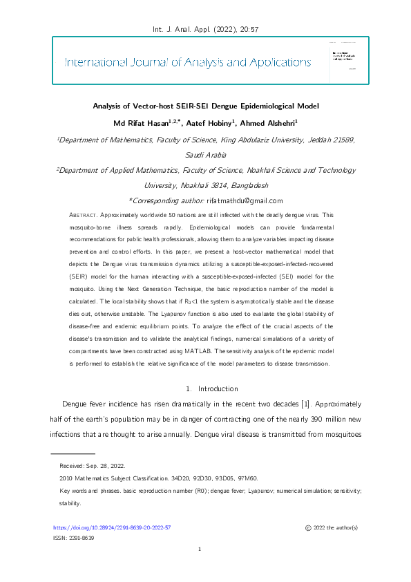 Pdf Analysis Of Vector Host Seir Sei Dengue Epidemiological Model 6768