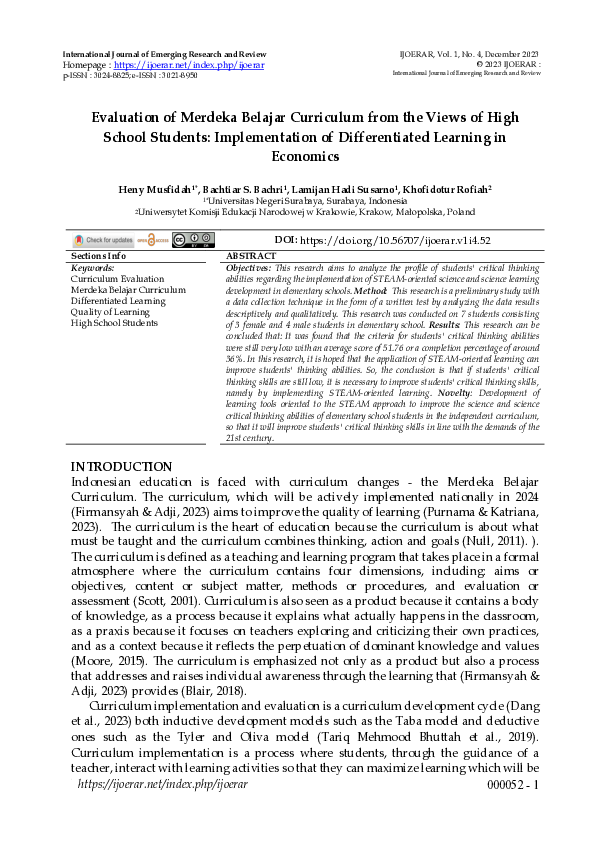 (PDF) Evaluation of Merdeka Belajar Curriculum from the Views of High School Students ...