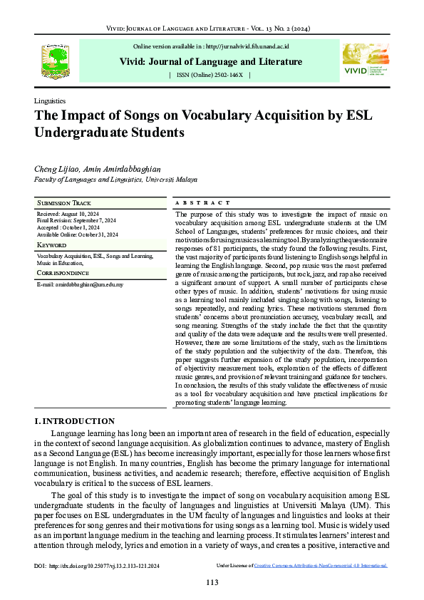 (PDF) The Impact of Songs on Vocabulary Acquisition by ESL ...
