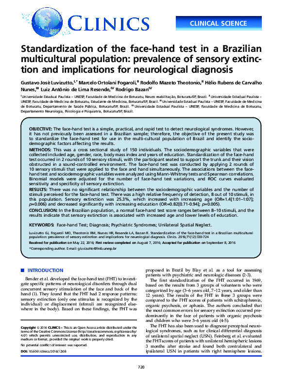 (PDF) Standardization of the face-hand test in a Brazilian ...