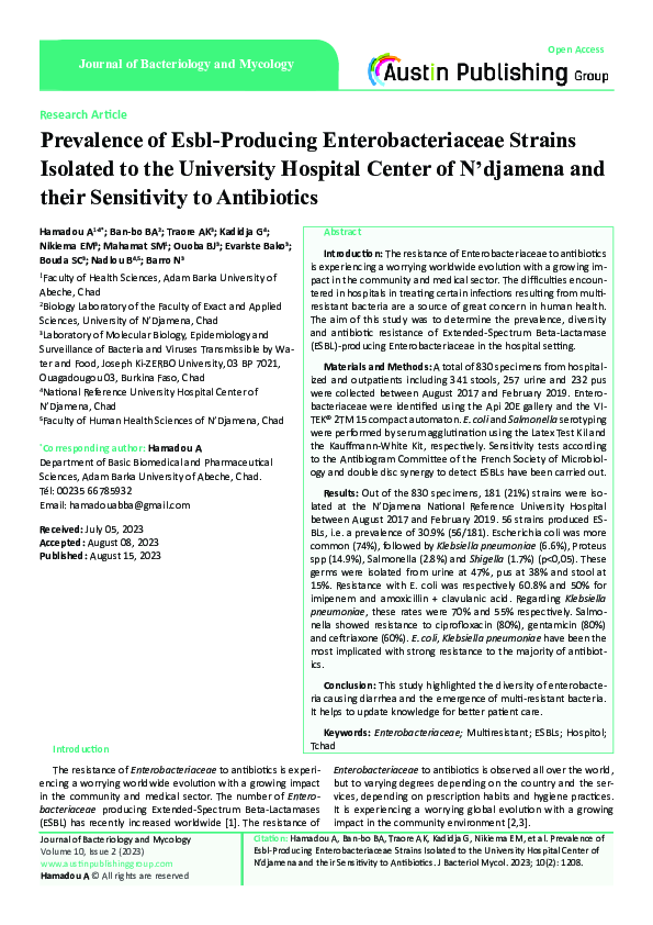 (PDF) Prevalence of Esbl-Producing Enterobacteriaceae Strains Isolated ...