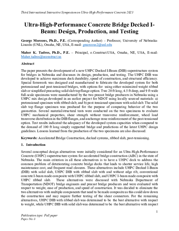 (PDF) Ultra-High-Performance Concrete (UHPC) Bridge Decked I-Beam ...