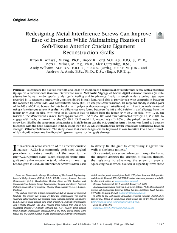 (PDF) Redesigning Metal Interference Screws Can Improve Ease of ...