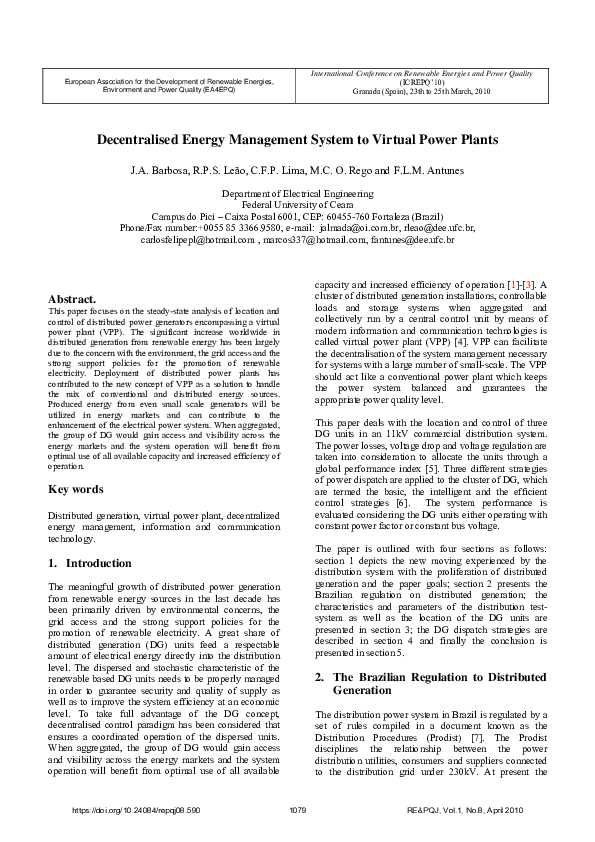 (PDF) Decentralised Energy Management System to Virtual Power Plants