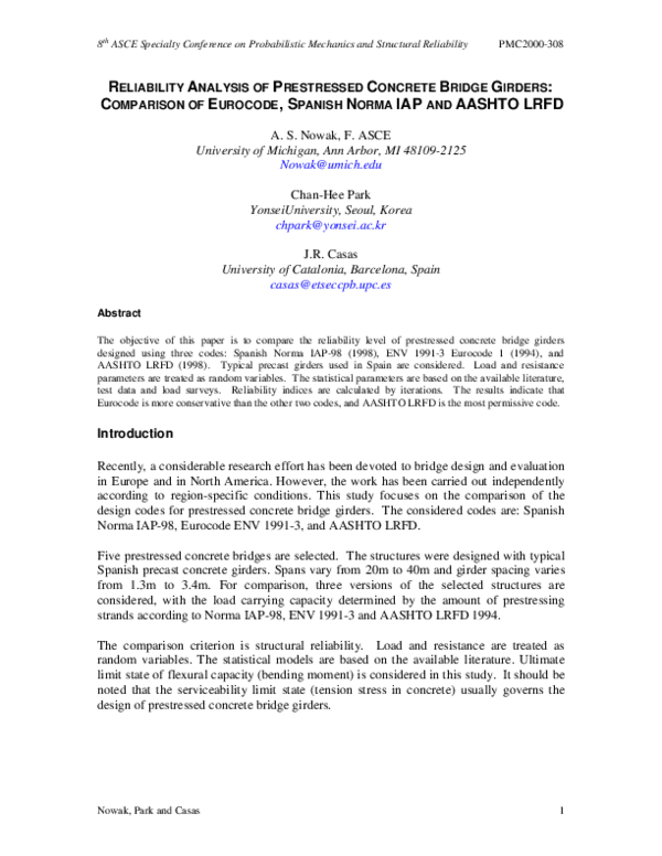 (PDF) Reliability analysis of prestressed concrete bridge girders: comparison of Eurocode ...