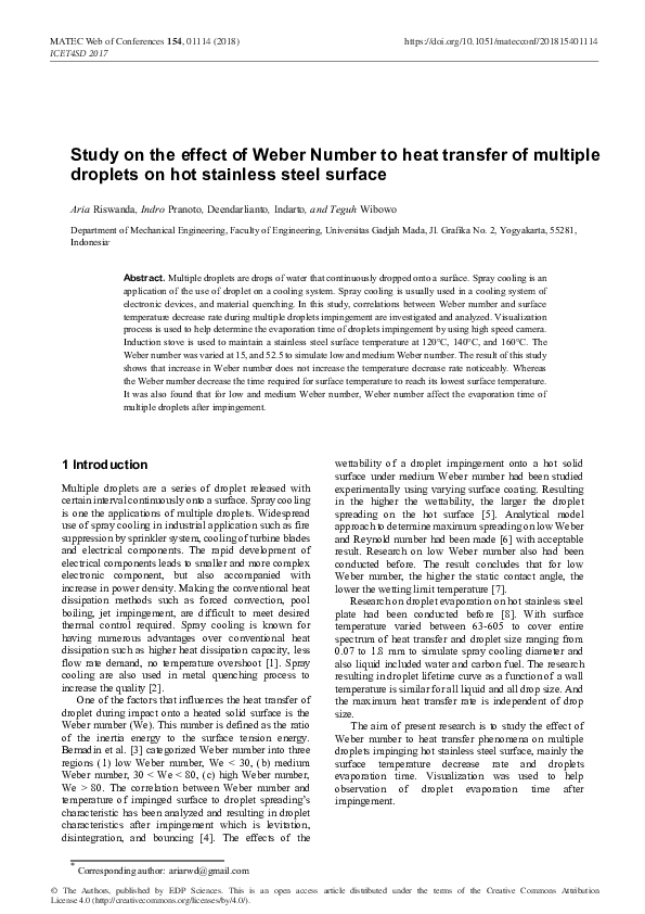 (PDF) Study on the effect of Weber Number to heat transfer of multiple ...