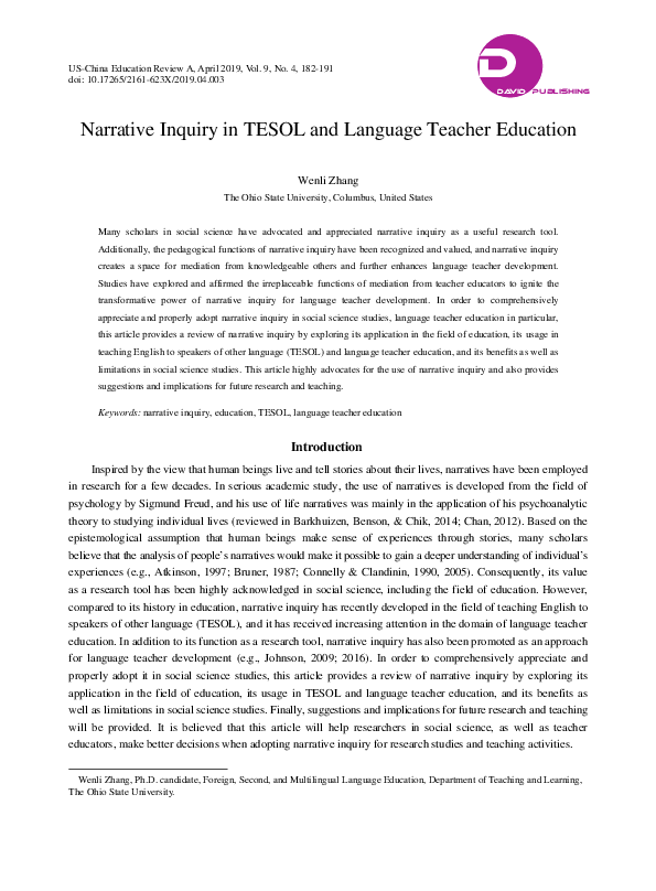(PDF) Narrative inquiry in teaching and teacher education