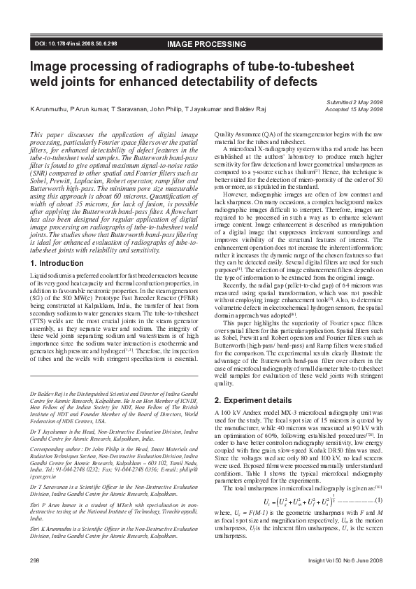 (PDF) Image processing of radiographs of tube-to-tubesheet weld joints for enhanced ...