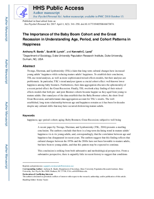 (PDF) The Importance of the Baby Boom Cohort and the Great Recession in ...