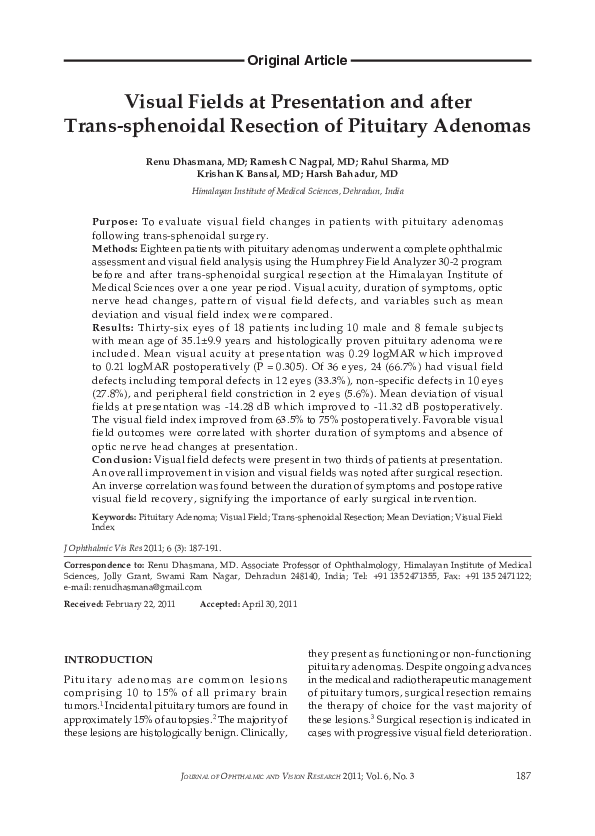 (PDF) Visual Fields at Presentation and after Trans-sphenoidal ...