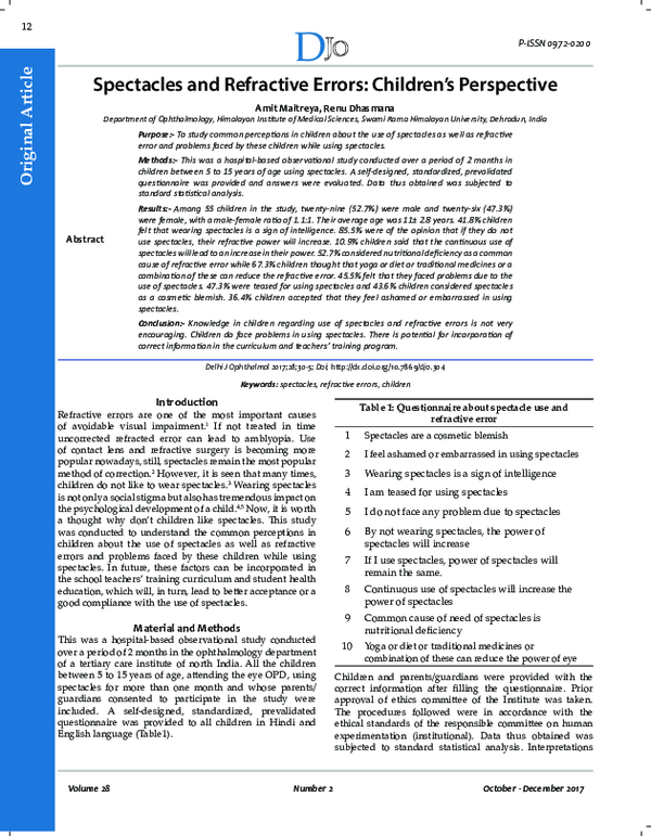 (PDF) Spectacles and Refractive Errors: Children’s Perspective
