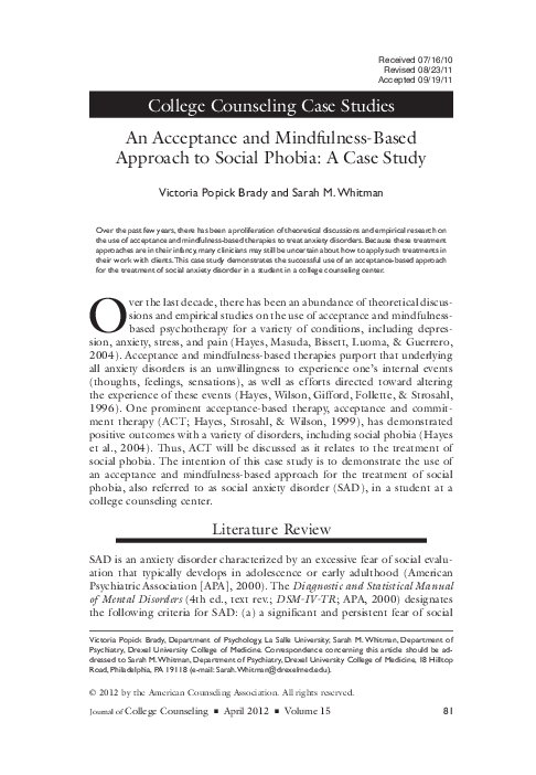 (PDF) An Acceptance and Mindfulness-Based Approach to Social Phobia: A ...