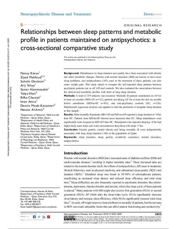 (PDF) Relationships between sleep patterns and metabolic profile in patients maintained on ...