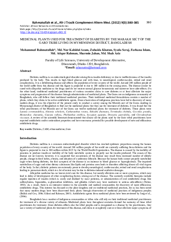 (PDF) Medicinal plants used for treatment of diabetes by the marakh ...