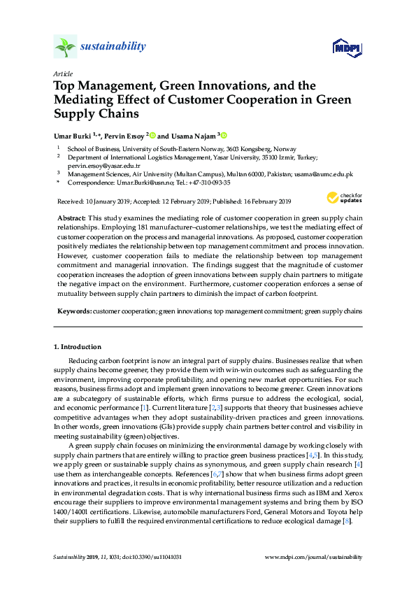 (PDF) Top Management, Green Innovations, and the Mediating Effect of Customer Cooperation in ...