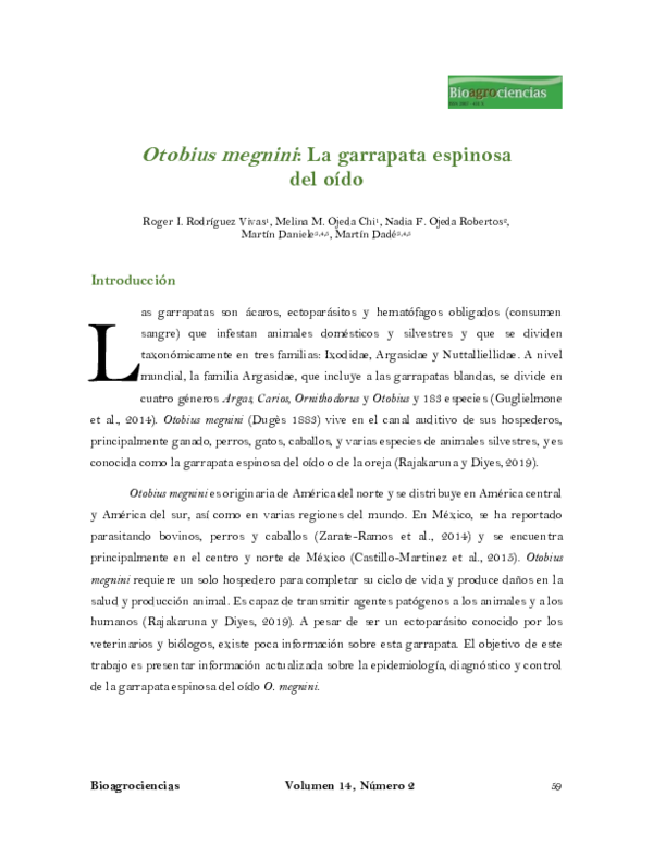 (PDF) Otobius megnini: La garrapata espinosa del oído | Melina Ojeda ...