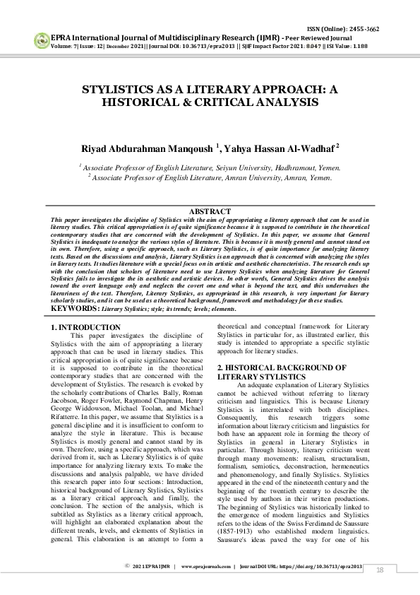 (PDF) STYLISTICS AS A LITERARY APPROACH