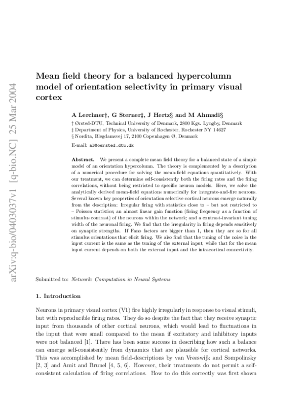 (PDF) Mean field theory for a balanced hypercolumn model of orientation selectivity in primary ...
