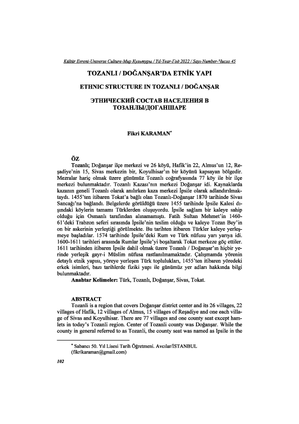 (PDF) TOZANLI DOĞANŞARDA ETNİK YAPI-KÜLTÜR EVRENİ 2022 FİKRİ KARAMAN