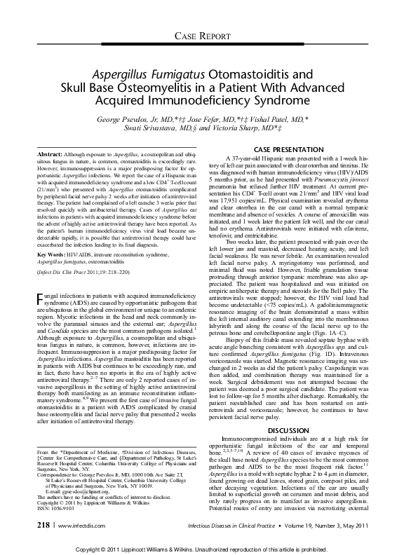 (PDF) Aspergillus Fumigatus Otomastoiditis and Skull Base Osteomyelitis ...