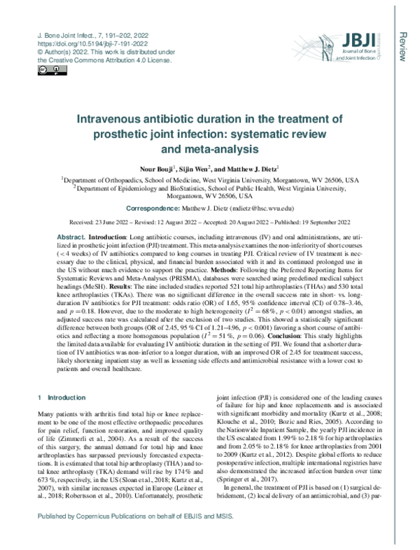 (PDF) Intravenous antibiotic duration in the treatment of prosthetic joint infection: systematic ...