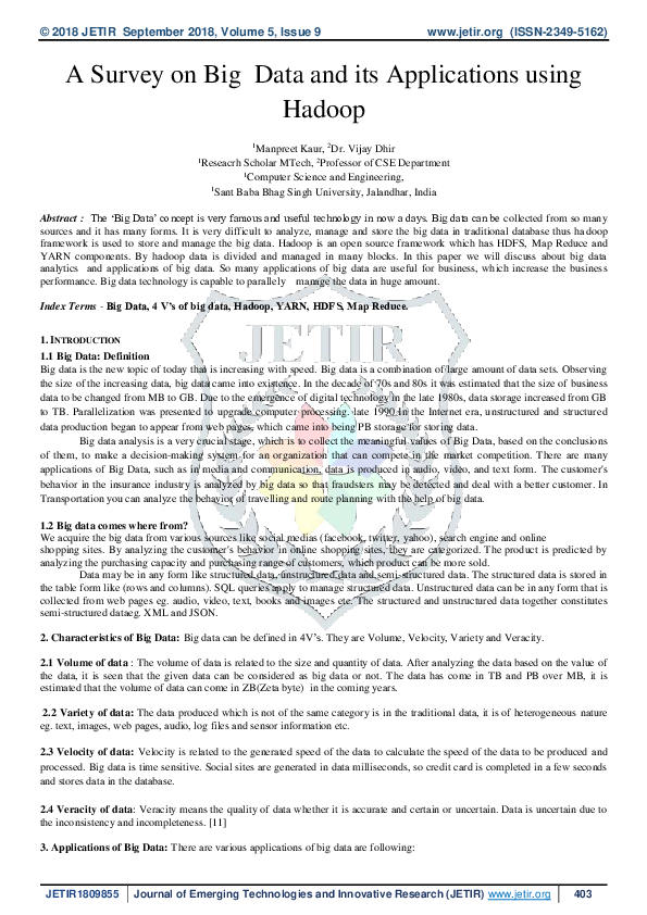 (PDF) A Survey on Big Data and its Applications using Hadoop