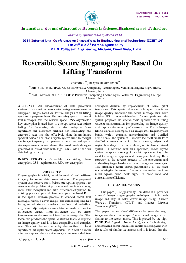 (PDF) Reversible Secure Steganography Based OnLifting Transform