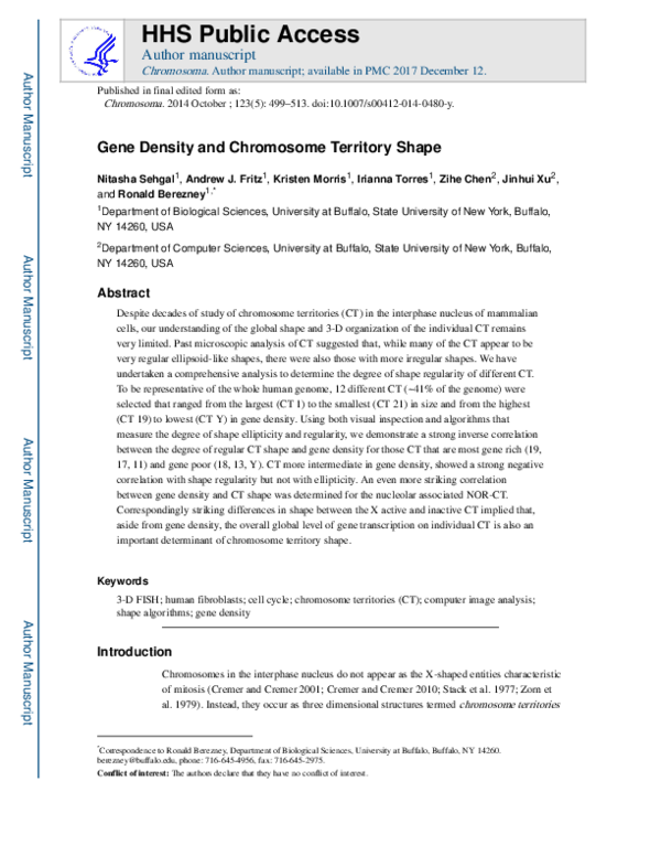 (PDF) Gene density and chromosome territory shape | Ronald Berezney ...