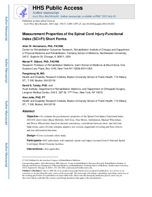 (PDF) Measurement properties of the spinal cord injury-functional index ...