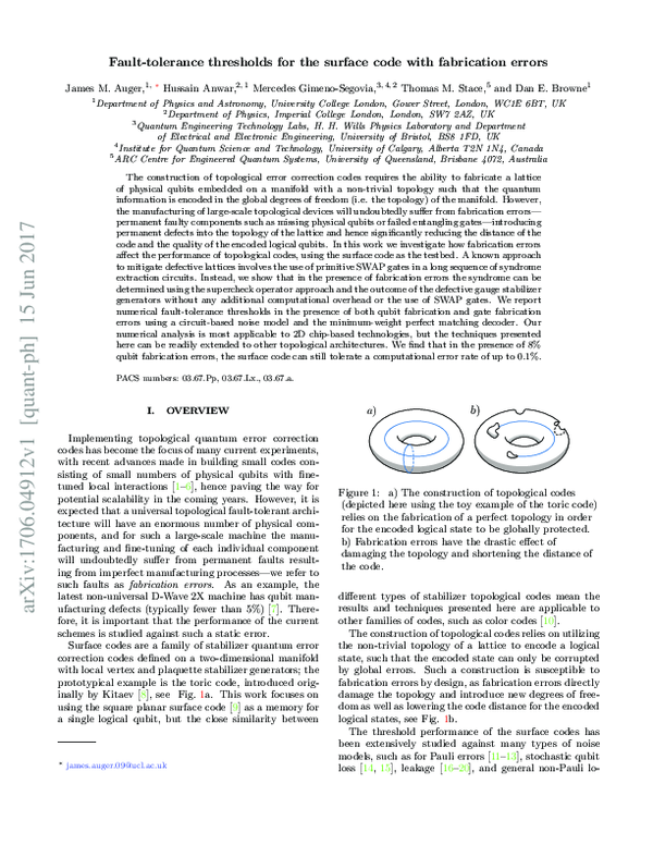 (PDF) Fault-tolerance thresholds for the surface code with fabrication errors | Mercedes Segovia ...