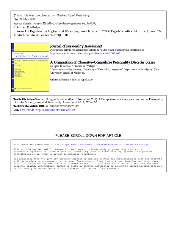 (PDF) A Comparison of Obsessive–Compulsive Personality Disorder Scales