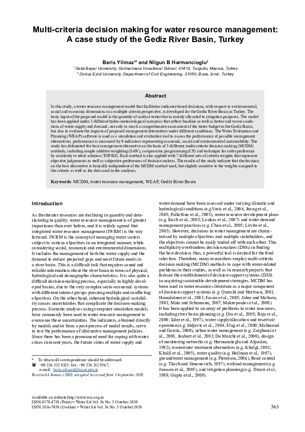 (PDF) Multi-criteria decision making for water resource management: a case study of the Gediz ...