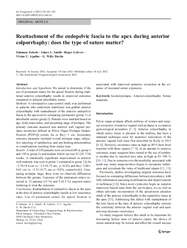 (PDF) Reattachment of the endopelvic fascia to the apex during anterior ...