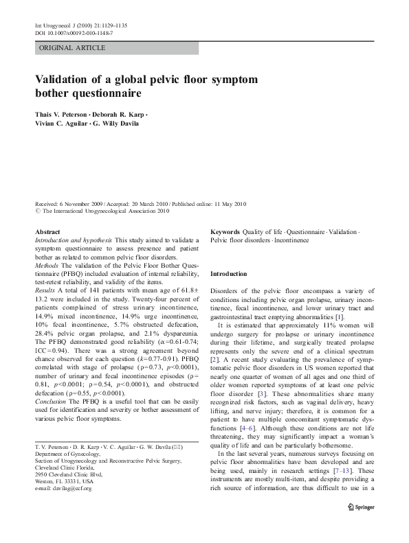 (PDF) Validation of a global pelvic floor symptom bother questionnaire