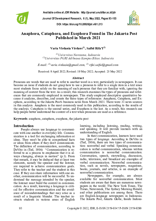 (PDF) Pronoun Reference Types in The Jakarta Post: Anaphora, Cataphora ...