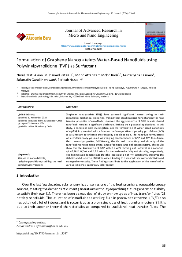 (PDF) Formulation of Graphene Nanoplatelets Water-Based Nanofluids using Polyvinylpyrrolidone ...