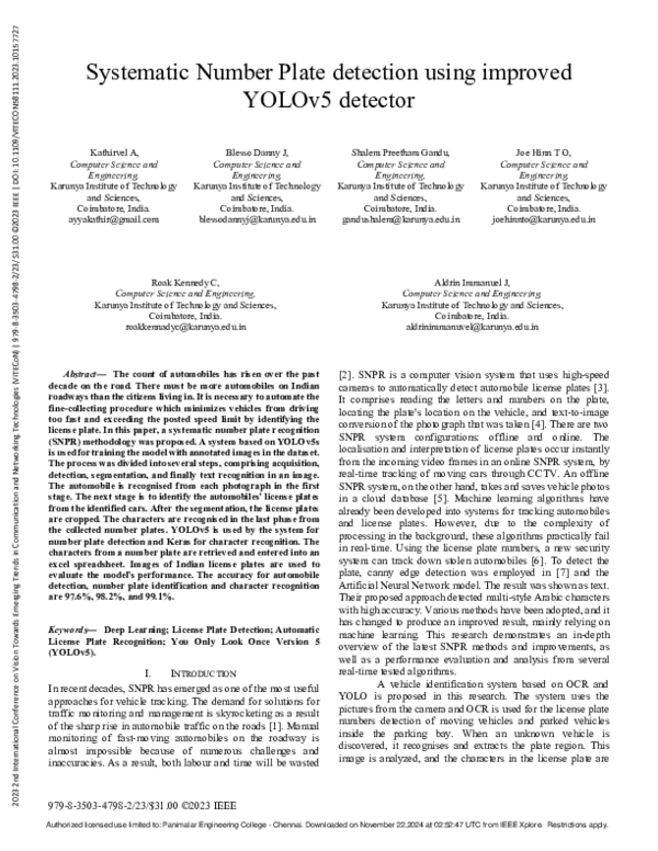 Pdf Systematic Number Plate Detection Using Improved Yolov5 Detector