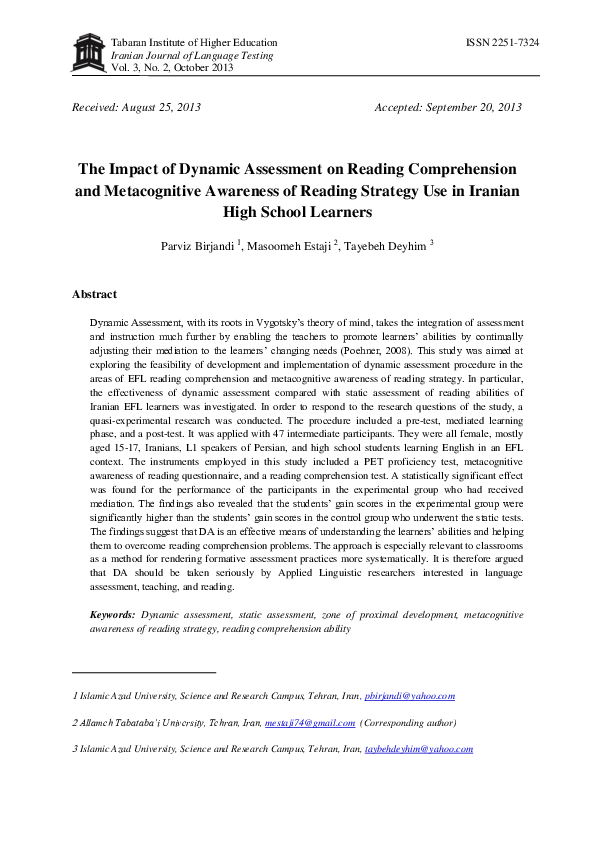 (PDF) The Impact of Dynamic Assessment on Reading Comprehension and Metacognitive Awareness of ...