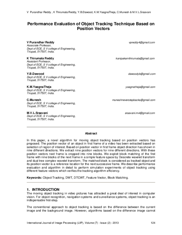 (PDF) Performance Evaluation of Object Tracking Technique Based on Position Vectors | Purandhar ...