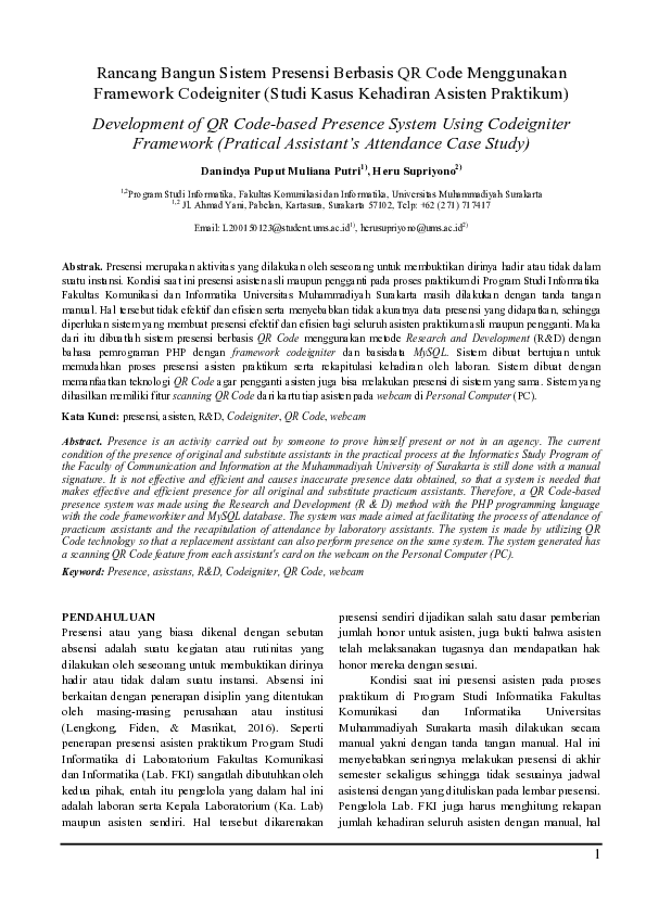 (PDF) Rancang Bangun Sistem Presensi Berbasis QR Code Menggunakan Framework Codeigniter (Studi ...