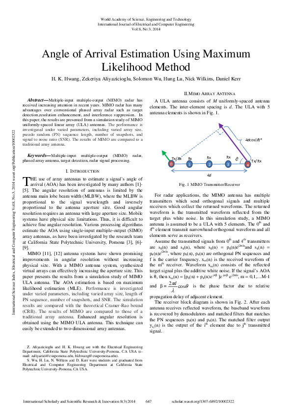 Pdf Angle Of Arrival Estimation Using Maximum Likelihood Method