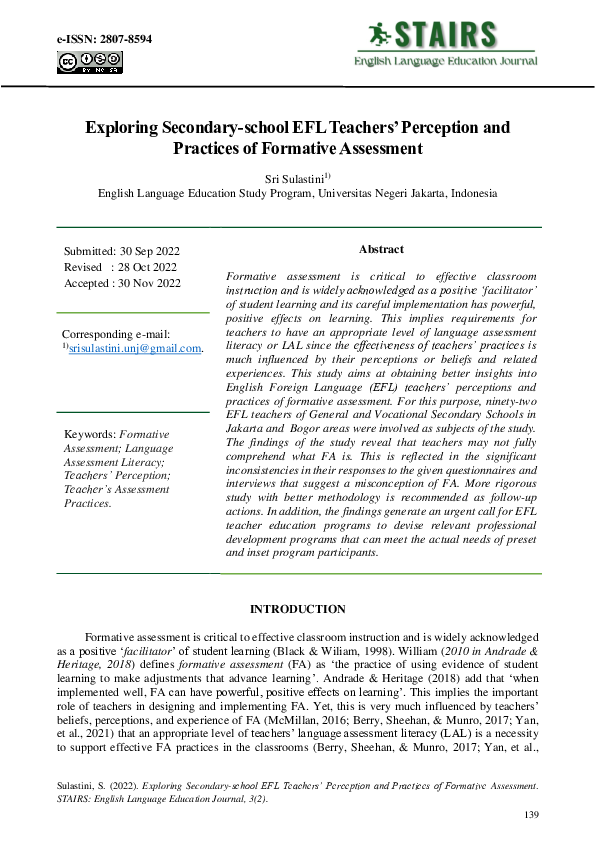(PDF) Exploring Secondary-school EFL Teachers’ Perception and Practices of Formative Assessment