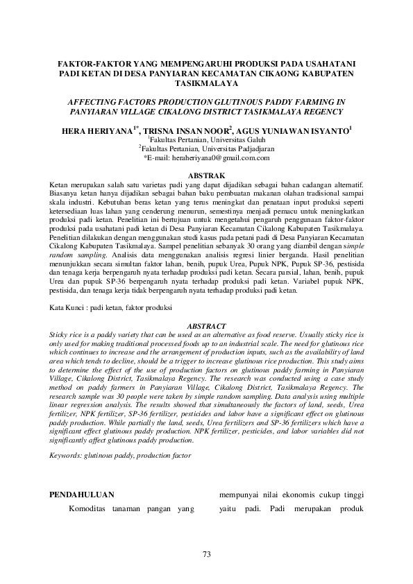 (PDF) Faktor-Faktor Yang Mempengaruhi Produksi Pada Usahatani Padi Ketan Di Desa Panyiaran ...