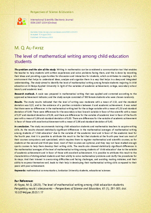 (PDF) The level of mathematical writing among child education students