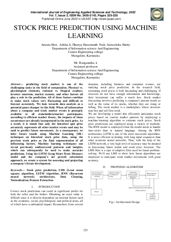 Pdf Stock Price Prediction Using Machine Learning