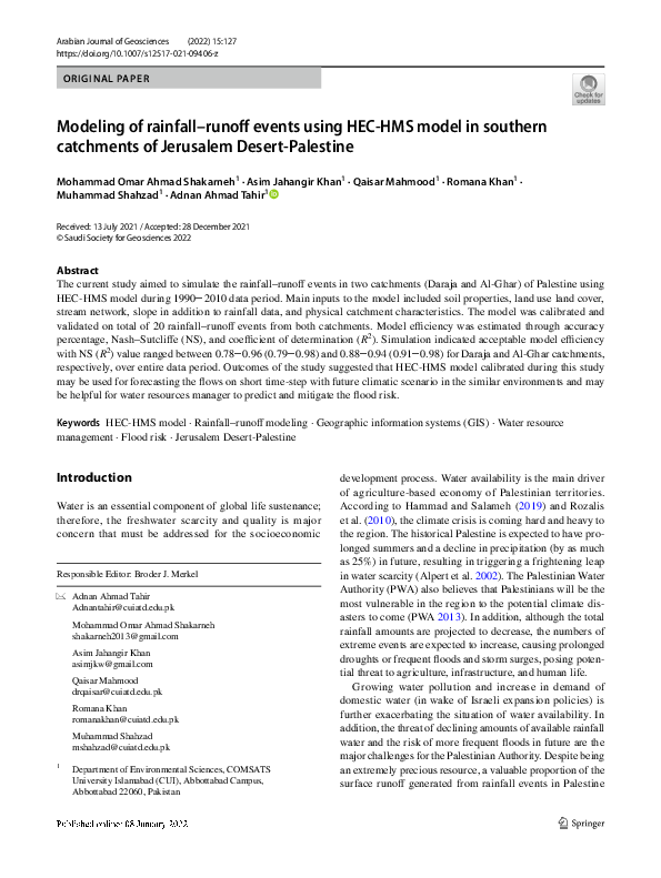 (PDF) Modeling of rainfall–runof events using HEC‑HMS model in southern catchments of Jerusalem ...